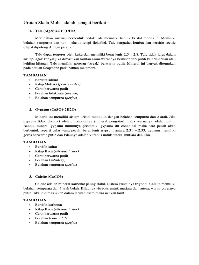 Urutan Skala Mohs Adalah Sebagai Berikut | PDF