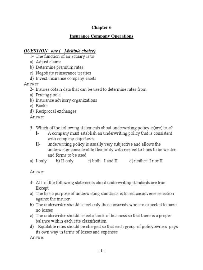 QUESTION One (Multiple Choice) : Insurance Company Operations | PDF ...