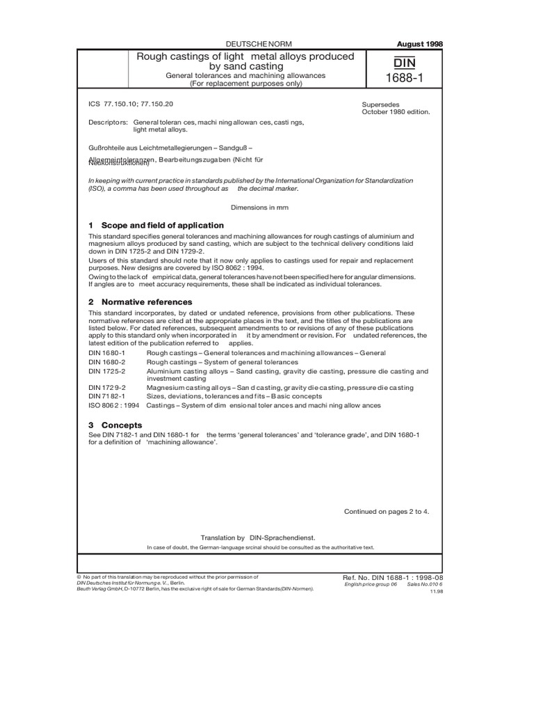 Din1688 1 PDF | PDF | Engineering Tolerance | Casting (Metalworking)