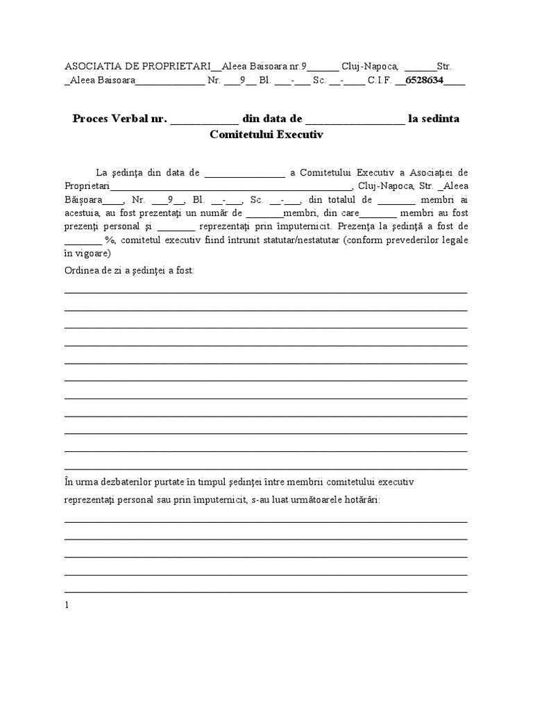 Model Proces Verbal Comitet Executiv