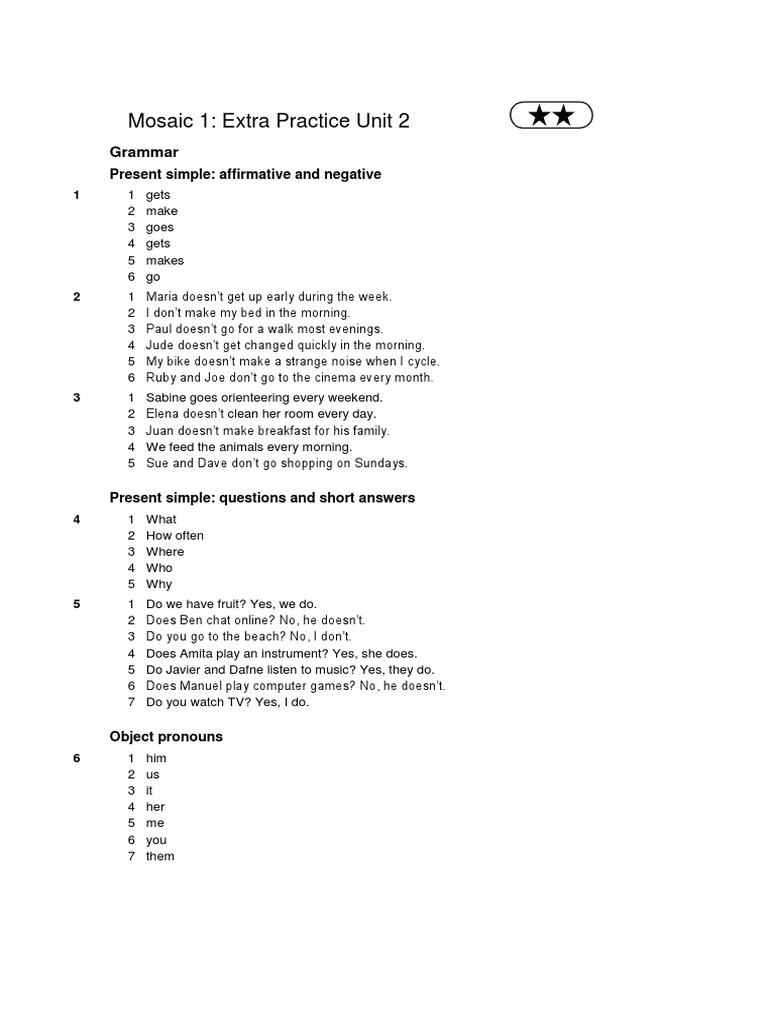 Answer Key Grammar Vocabulary Unit2 Mosaic 1 | PDF | Linguistics | Grammar