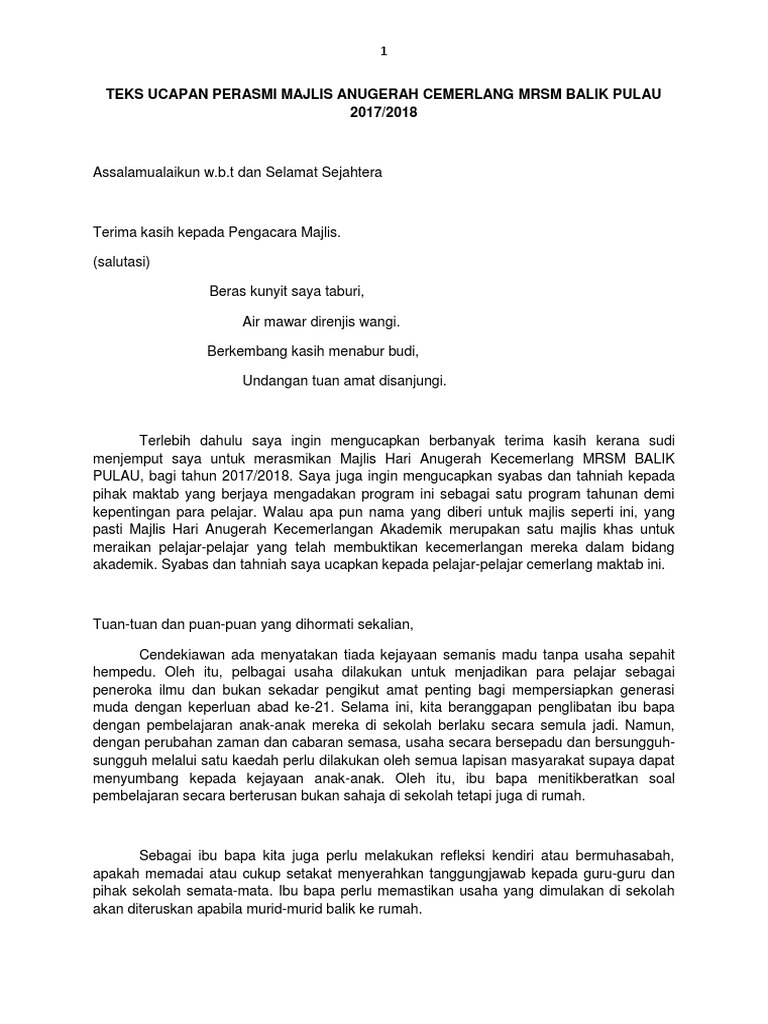 Contoh Teks Ucapan Perasmi Majlis Anugerah Cemerlang | PDF
