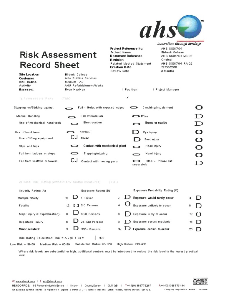 Risk Assessment Record Sheet: Assesso | PDF | Personal Protective ...