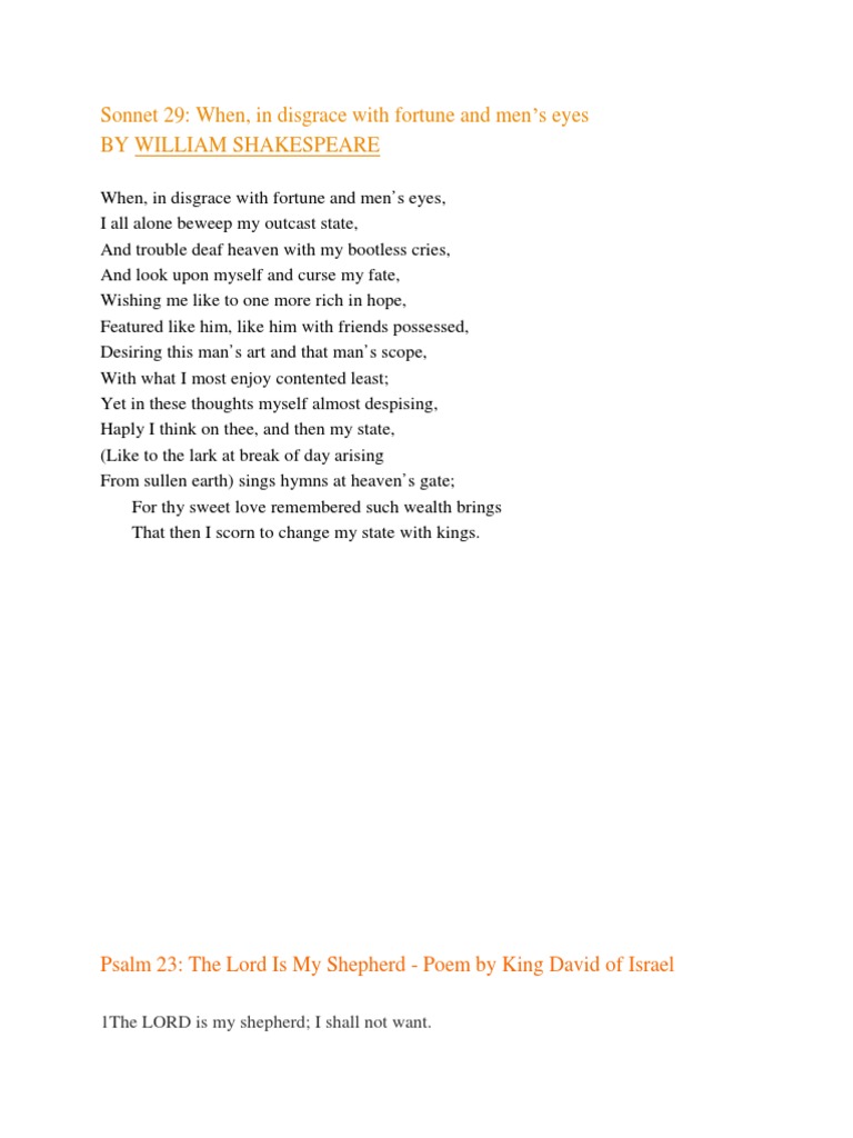 Sonnet 29: When, in Disgrace With Fortune and Men's Eyes by William ...
