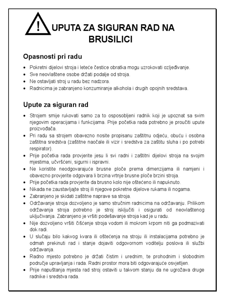 Uputa Za Siguran Rad Na Brusilici | PDF