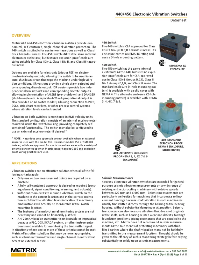 440/450 Electronic Vibration Switches: Datasheet | PDF | Relay ...