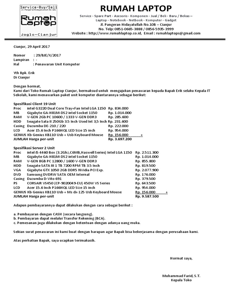 Contoh Surat Penawaran Barang Komputer Lab | PDF