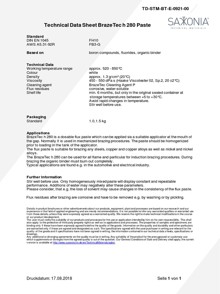 Technical Data Sheet Brazetec H 280 Paste: Standard | PDF | Building ...