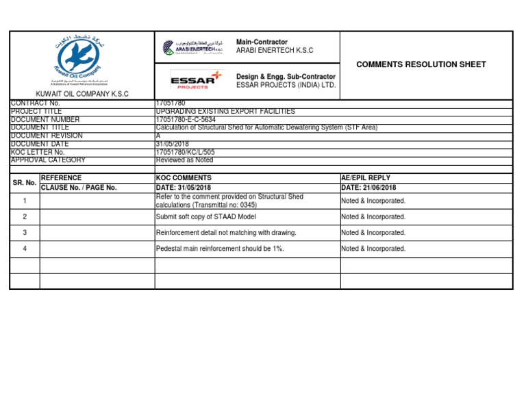 Comments Resolution Sheet: Main-Contractor | PDF