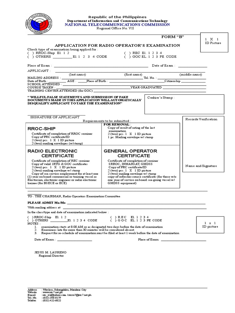 Form "B" Application For Radio Operator'S Examination: Rroc-Ship | PDF ...