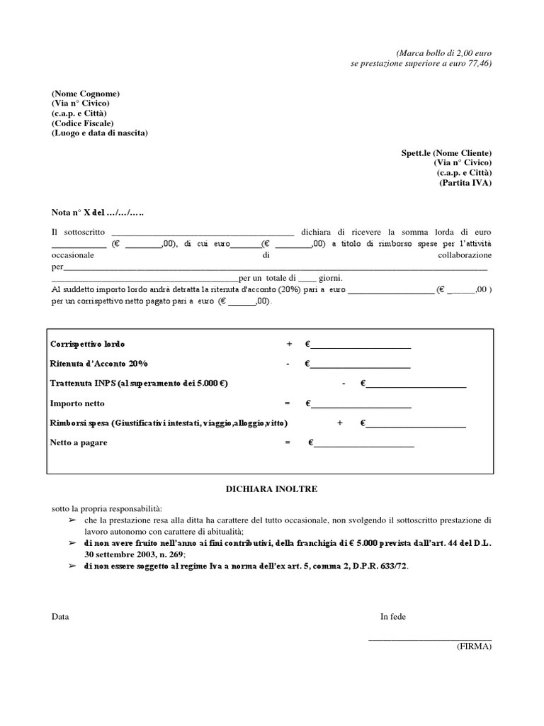 Fac-Simile Ricevuta Prestazione Occasionale | PDF