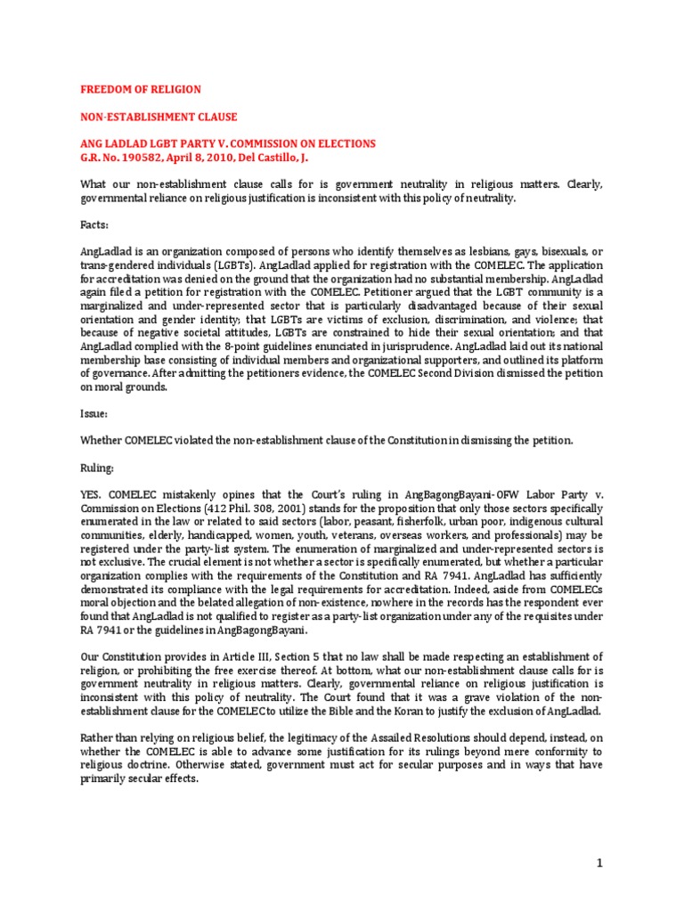 Freedom of Religion Non-Establishment Clause Ang Ladlad LGBT Party V. Commission On Elections G ...