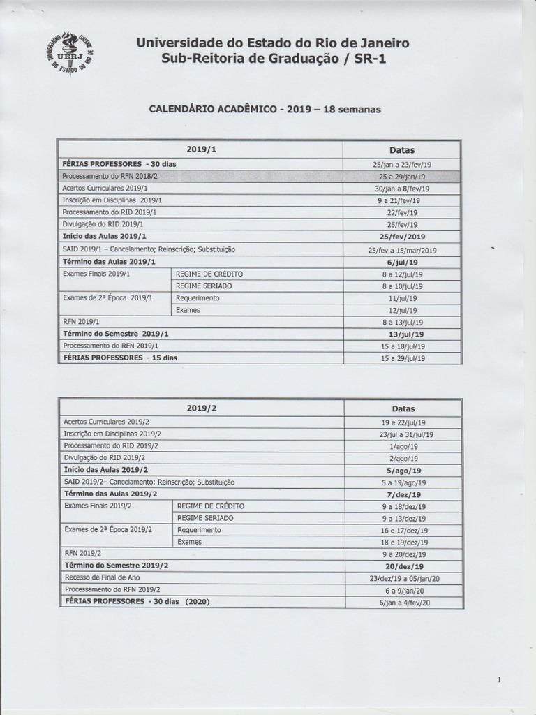 Calendario Academico UERJ 2019 | PDF