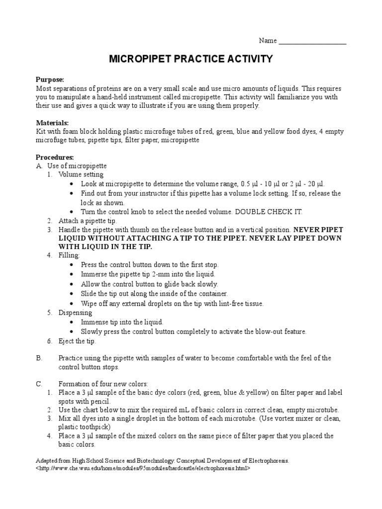 Micropipet Practice Activity | PDF | Laboratories | Chemistry
