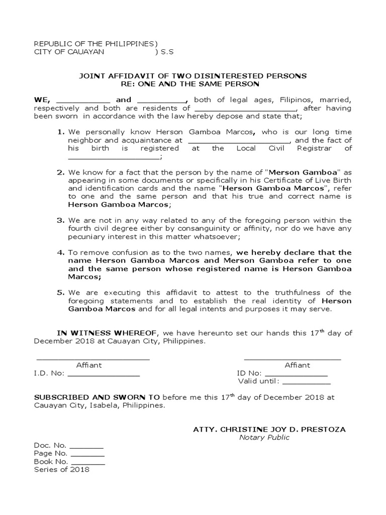 Joint Affidavit of Two Disinterested Persons | PDF | Politics | Law