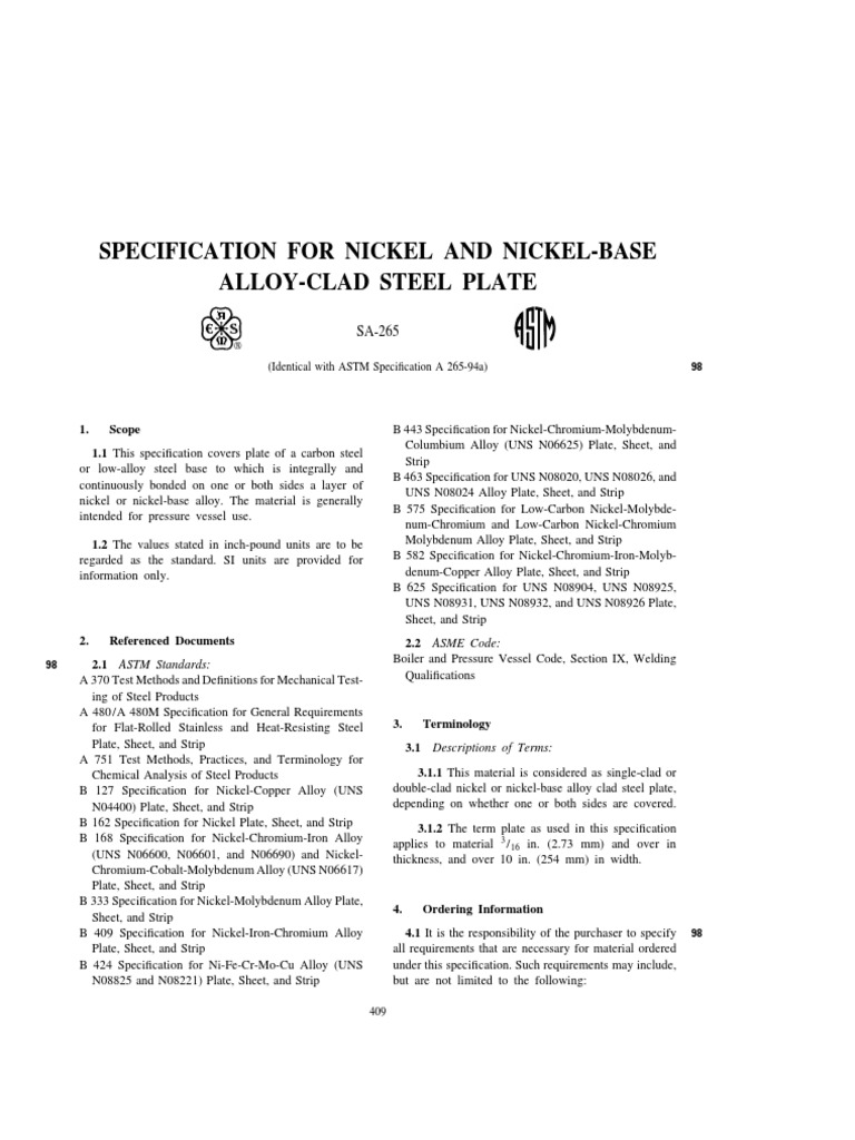 Asme Sa-265 Specification For Nickel and Nickel-Base Alloy-Clad Steel Plate | PDF | Heat ...