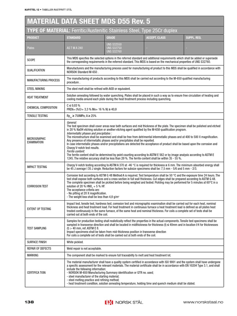 Material Data Sheet Mds D55 Rev. 5: TYPE OF MATERIAL: Ferritic/Austenitic Stainless Steel, Type ...