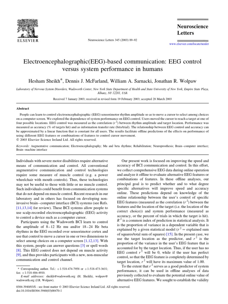 Electroencephalographic Eeg Based Communication Eeg Control Versus System Performance In