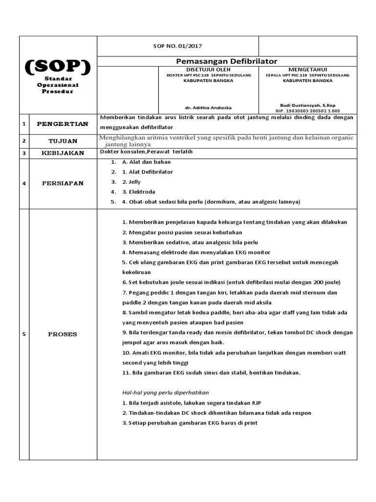 SOP Pemasangan Defibrilator Jantung | PDF
