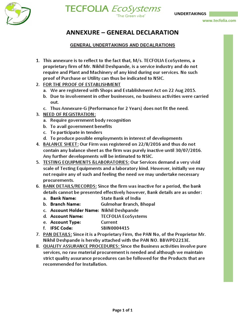 Annexure - General Declaration: General Undertakings and Decalrations | PDF
