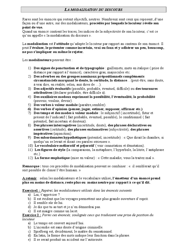 Modalisation du discours et exercices | PDF | Phrase | Verbe
