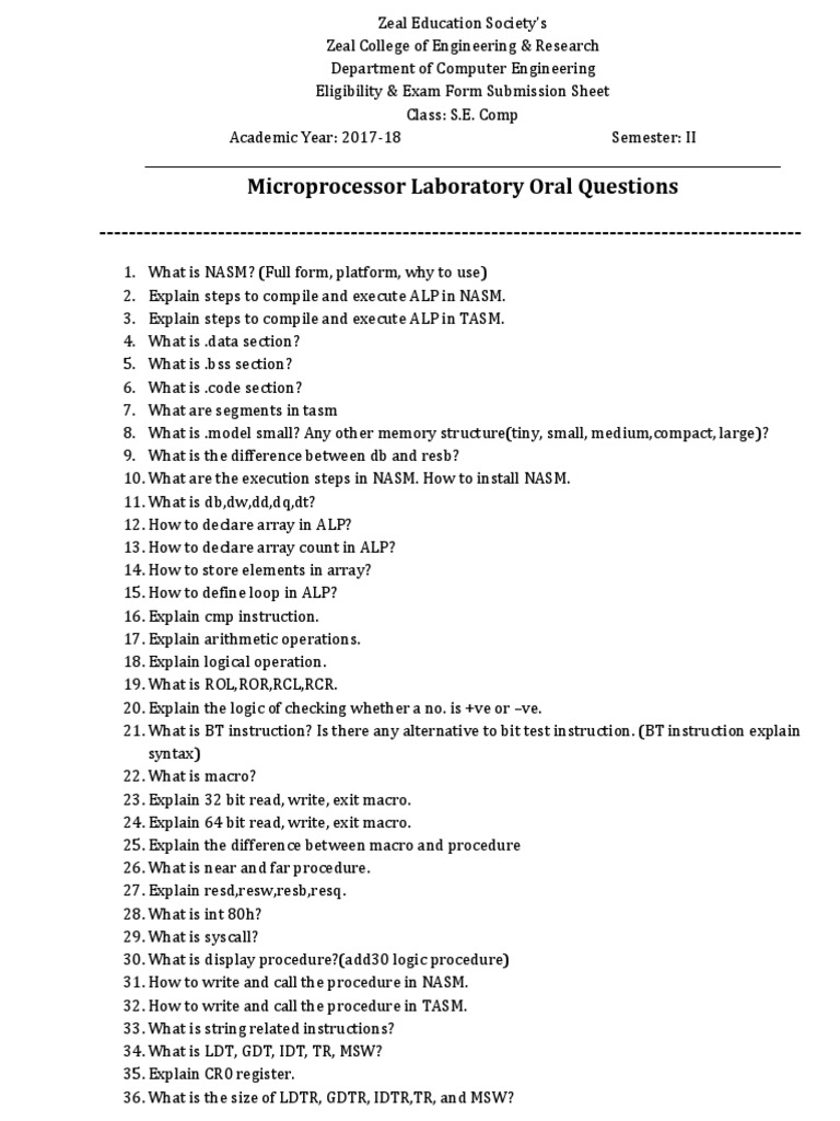 Microprocessor Laboratory Oral Questions | PDF | Assembly Language | Trigonometric Functions