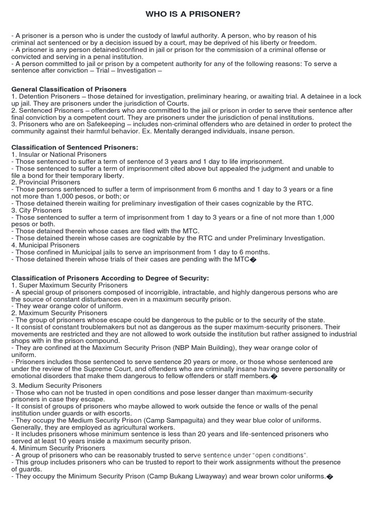 Who Is A Prisoner?: General Classification of Prisoners | Evidence | Crimes