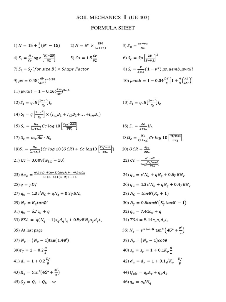 Formula Sheet Related To Soil Mechanics | PDF | Teaching Mathematics ... Formula Sheet Related To Soil Mechanics | PDF | Teaching Mathematics ...