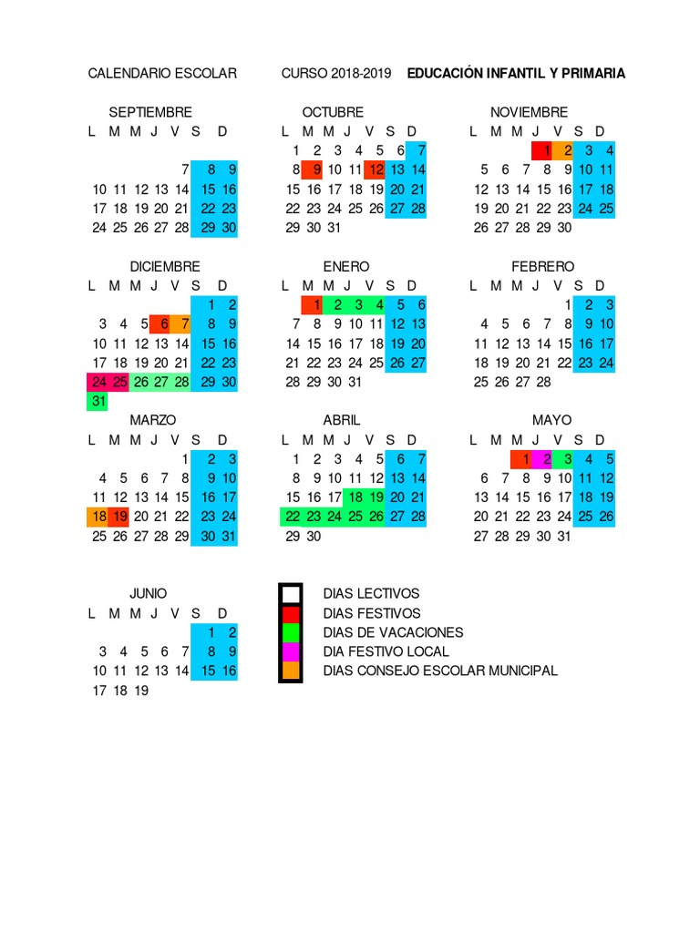 Calendario Escolar 2018 2019 Infantil y Primaria PDF | PDF
