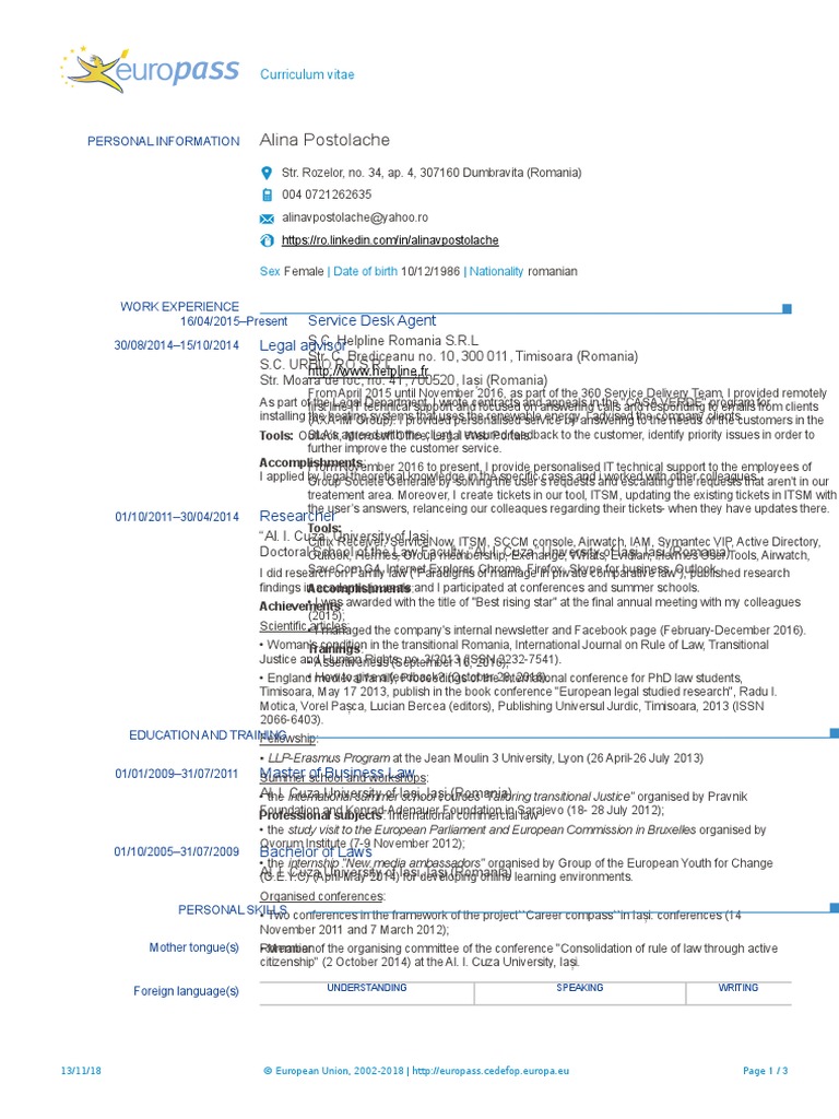 CV Europass Alina Postolache en 1 | PDF