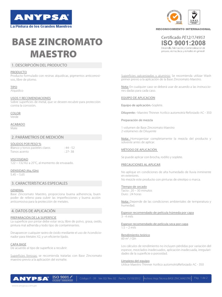 Base zincromato anypsa - tipo, acabado, mezcla, etc.pdf | Aluminio | Pinturas