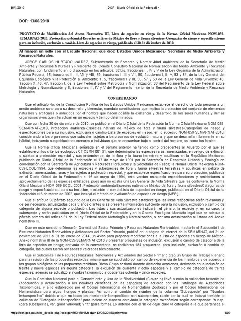 Nom 059 Semarnat 2010 Act2019 | PDF | Taxonomía (biología) | México