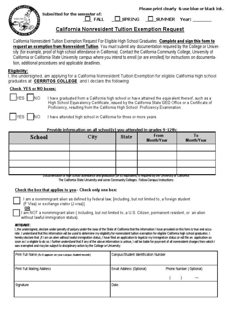 School: California Nonresident Tuition Exemption Request | PDF ...