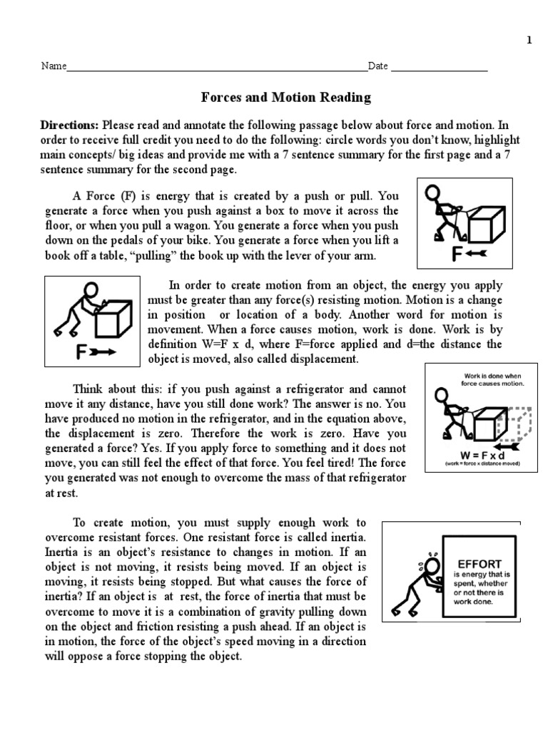 Forces and Motion Reading Guide | PDF | Inertia | Friction