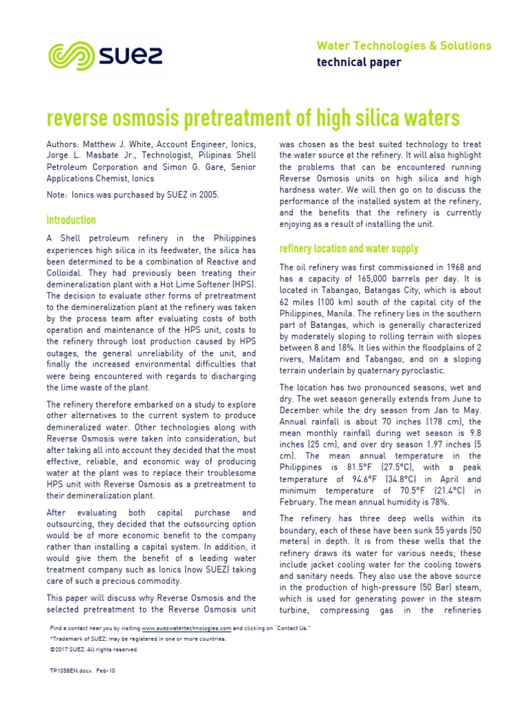 Suez (2018) - Reverse Osmosis Pretreatment of High Silica Waters | PDF ...