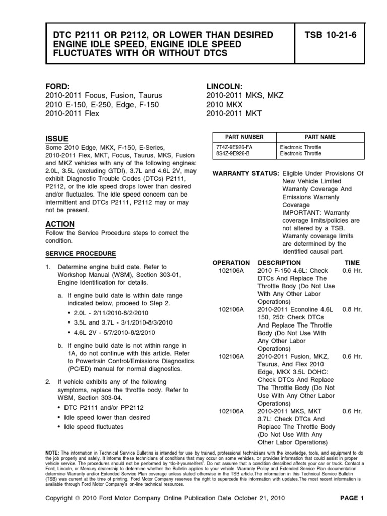 Ford TSB 10 21 6 | PDF | Lincoln Motor Company | Car