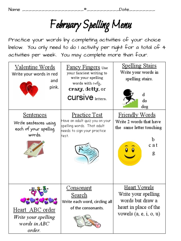 February Spelling Practice Menu | PDF