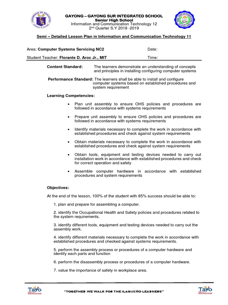 Semin Detailed Lesson Plan In Css 11 Assembly And Disassembly Lesson Plan Educational Technology 