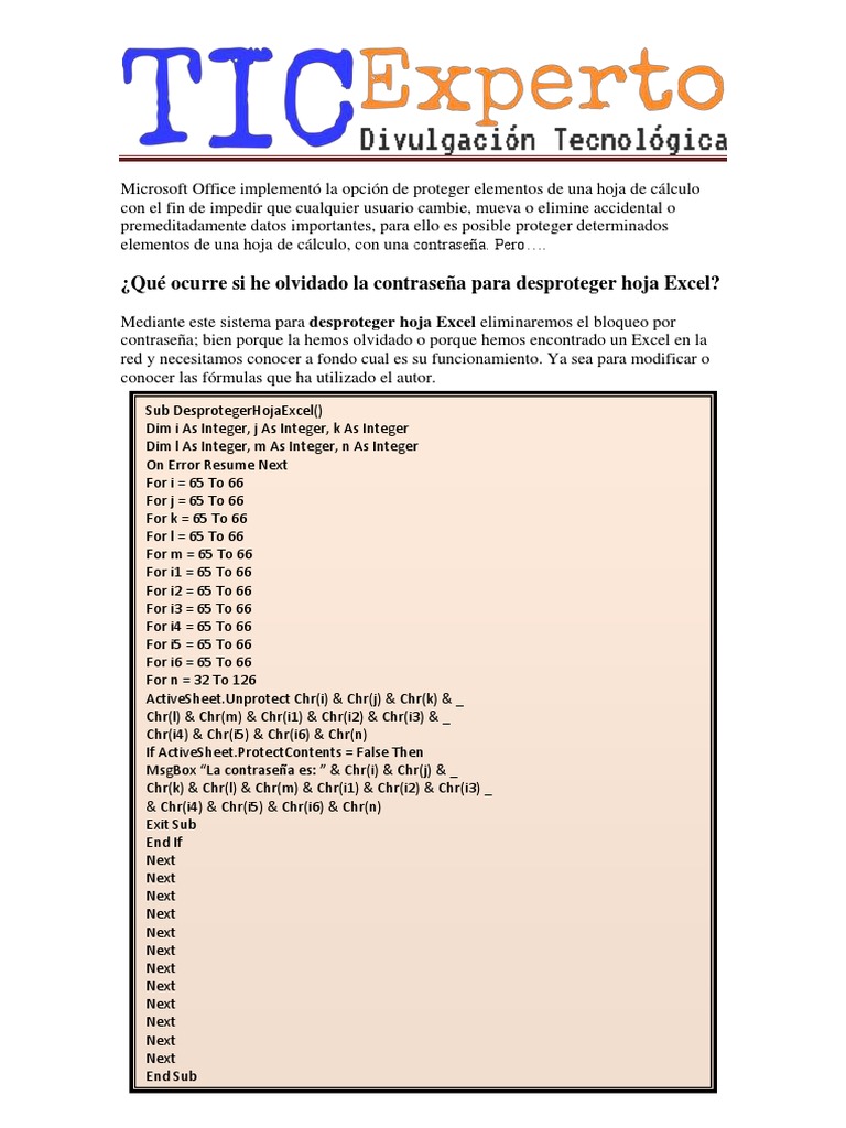 Desproteger Excel: Guía y Código | PDF | Macro (informática) | Microsoft Excel