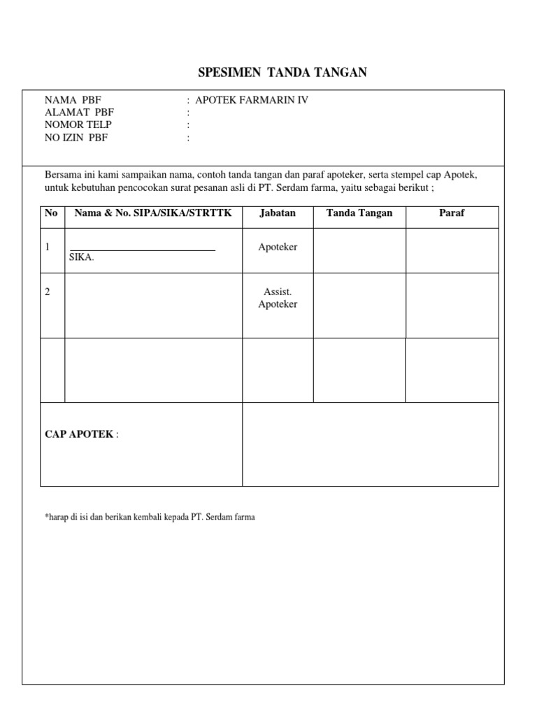 Contoh Spesimen Tanda Tangan Apotek | PDF