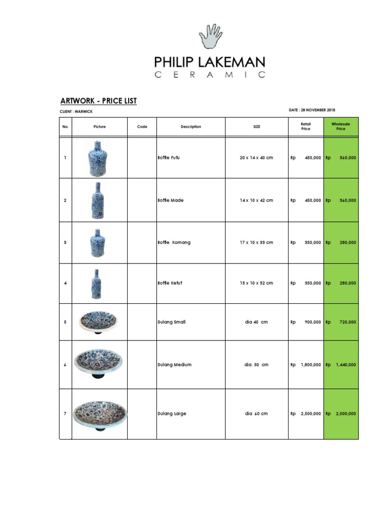 Artwork - Price List: Client: Warwick Date: 28 November 2018 | PDF