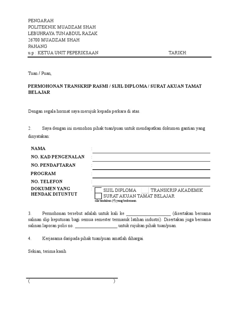 Contoh Surat Rasmi Memohon Sijil Atau Transkrip Gantian | PDF