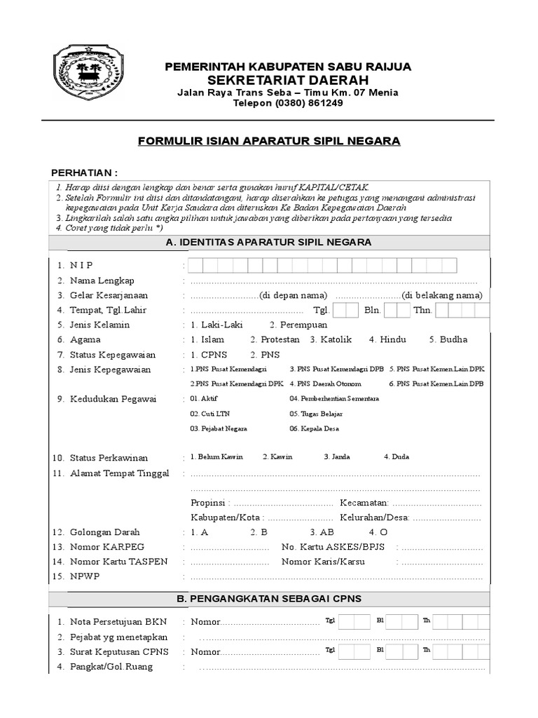 Formulir Isian Asn-Bkd | PDF