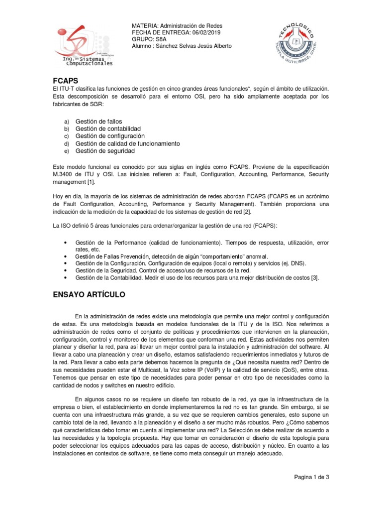 Act1 - FCAPS y Ensayo | PDF | Transmisión de datos | Red de computadoras