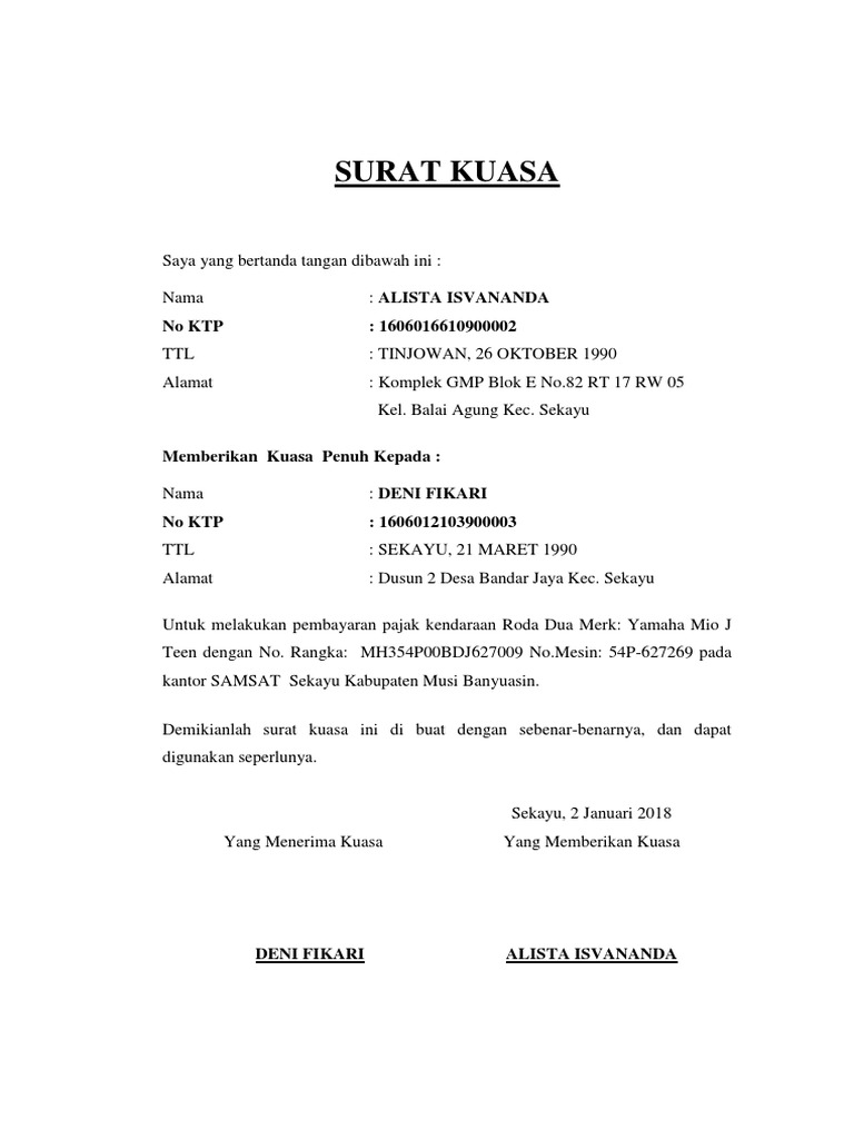 Surat Kuasa Pembayaran Pajak Kendaraan | PDF