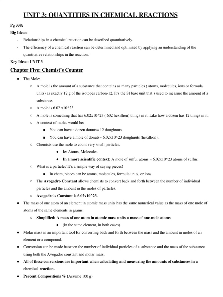 Unit 3: Quantities in Chemical Reactions: Chapter Five: Chemist's ...