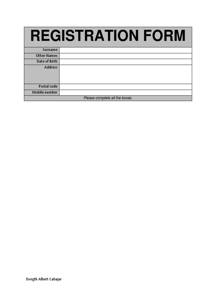 Registration Form: Surname Other Names Date of Birth Address | PDF