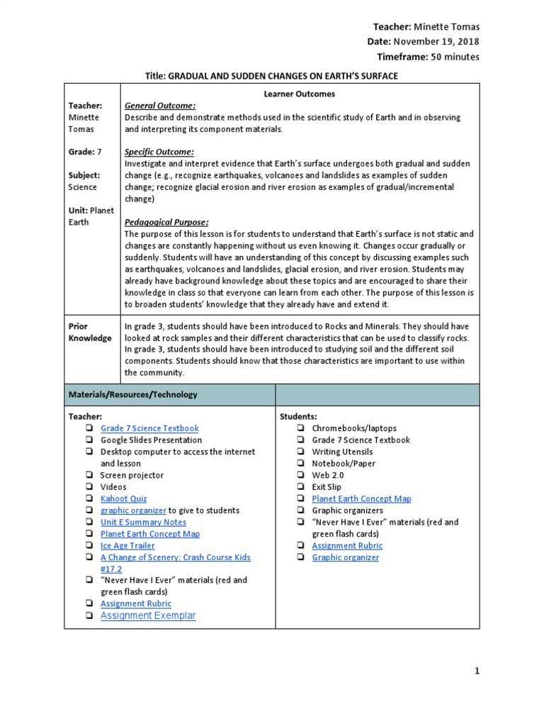 Minette Tomas Grade 7 Planet Earth Lesson Plan | PDF | Weathering | Erosion