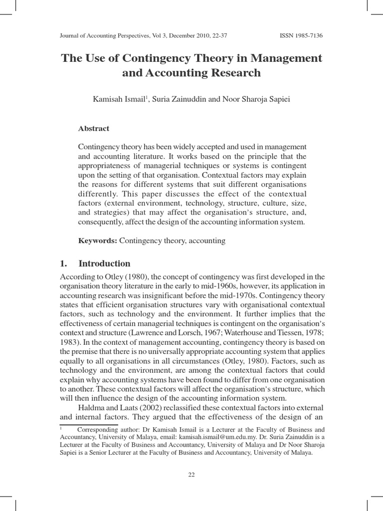The Use of Contingency Theory in Management and Accounting Research ...