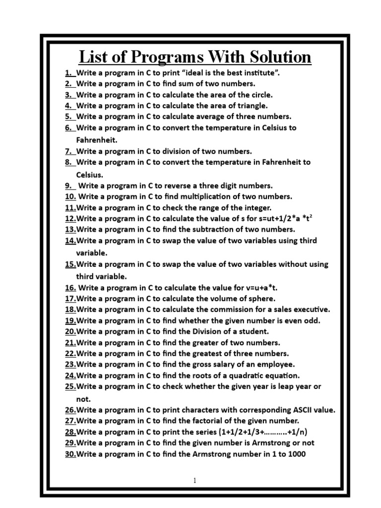 List of Programs With Solution | Download Free PDF | Fahrenheit | Array Data Structure